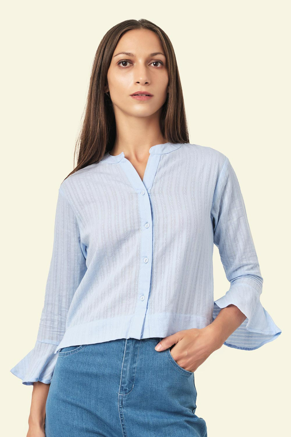 Odel Light Blue Mandarin Collar Long Sleeve Top | Odel.lk