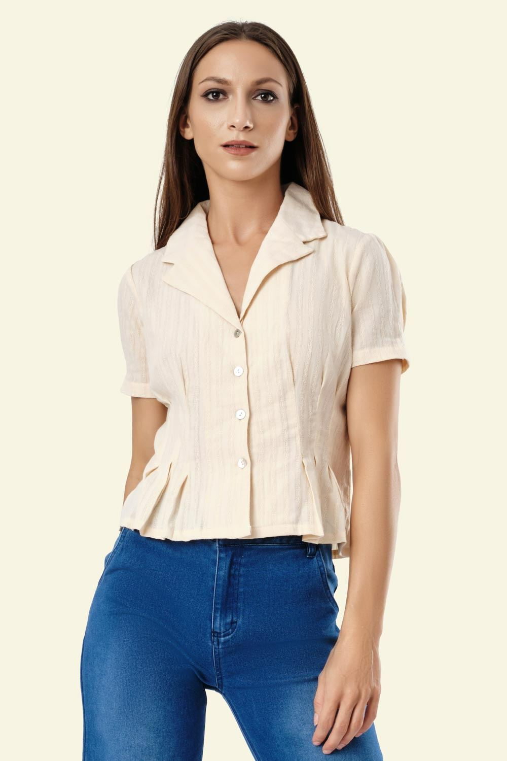 Odel Beige Pleated Buttoned Top | Odel.lk