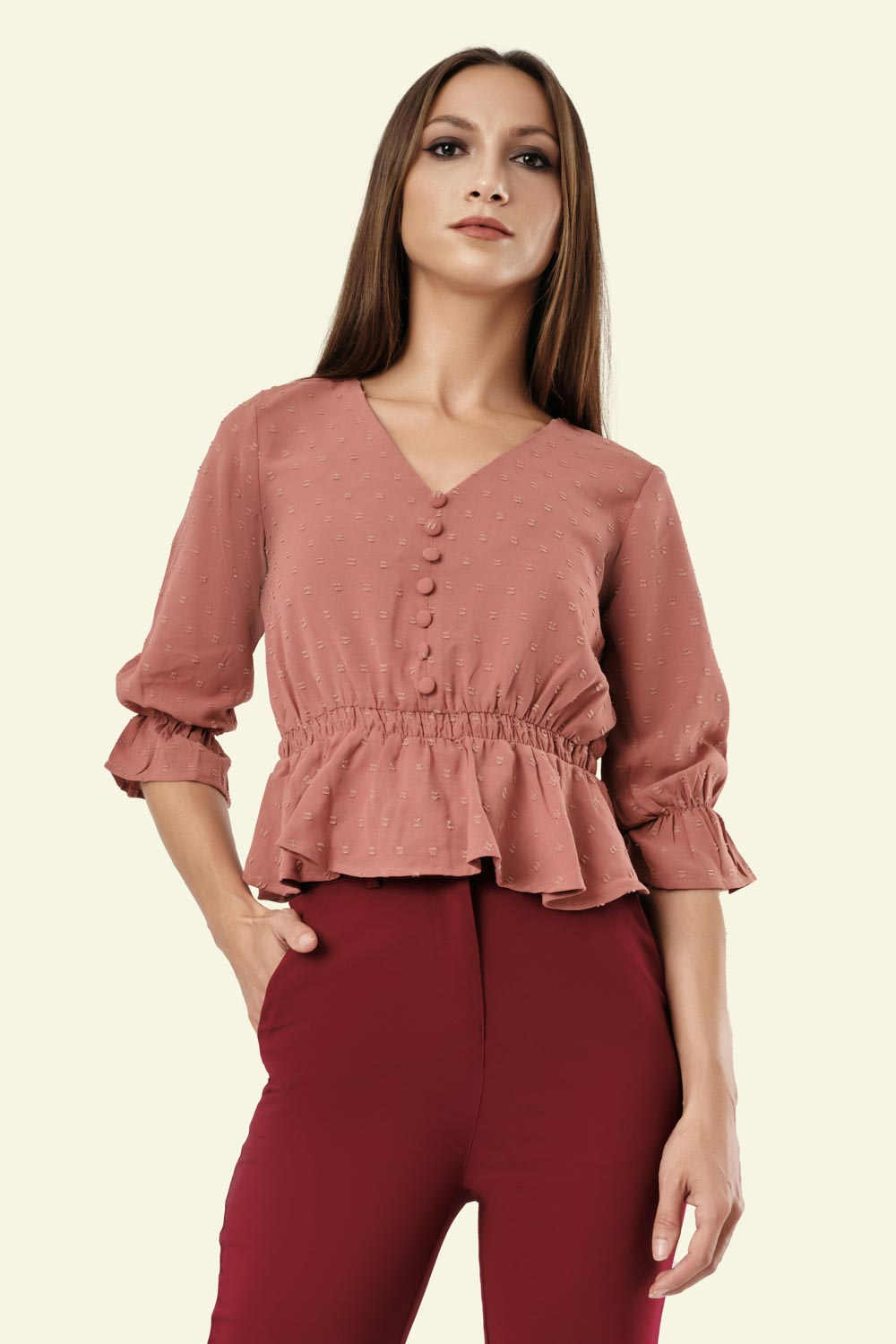 Odel Light Brown V Neck Elasticated Waist Top | Odel.lk