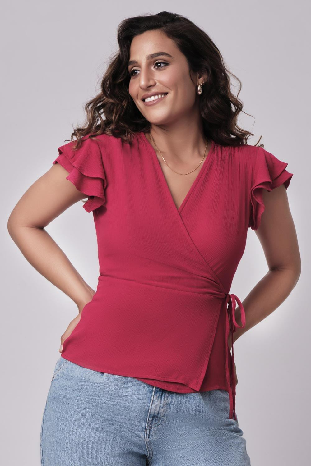 Odel Red Double Frilled Sleeve Wrap Top | Odel.lk