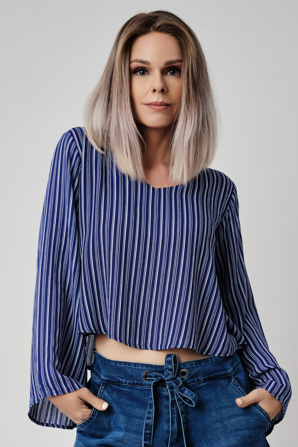 Odel Navy Striped Loose V Neck Cropped Top | Odel.lk