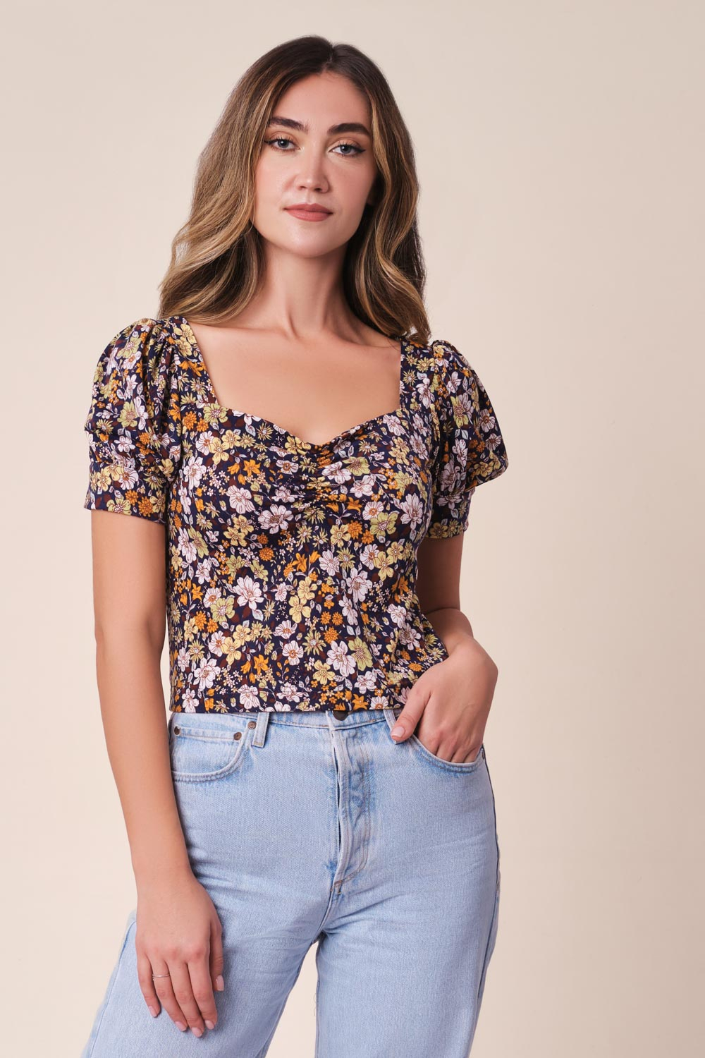 Odel Navy Floral Printed Short Puff Sleeve Top | Odel.lk