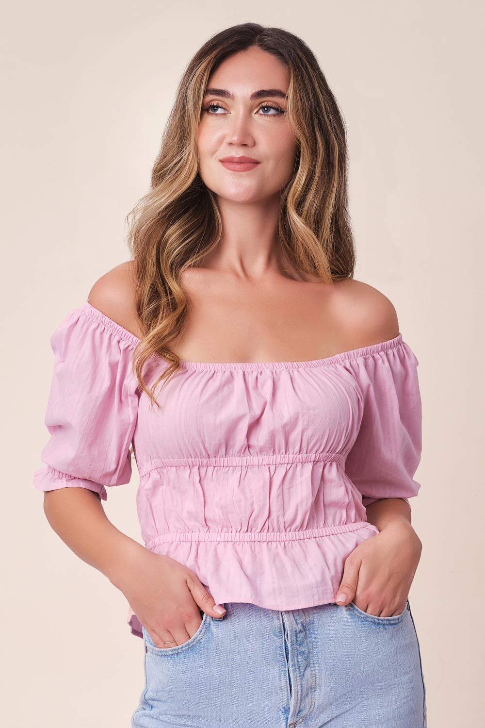Odel Pink Puff Sleeved Smocked Waist Top Odel Lk