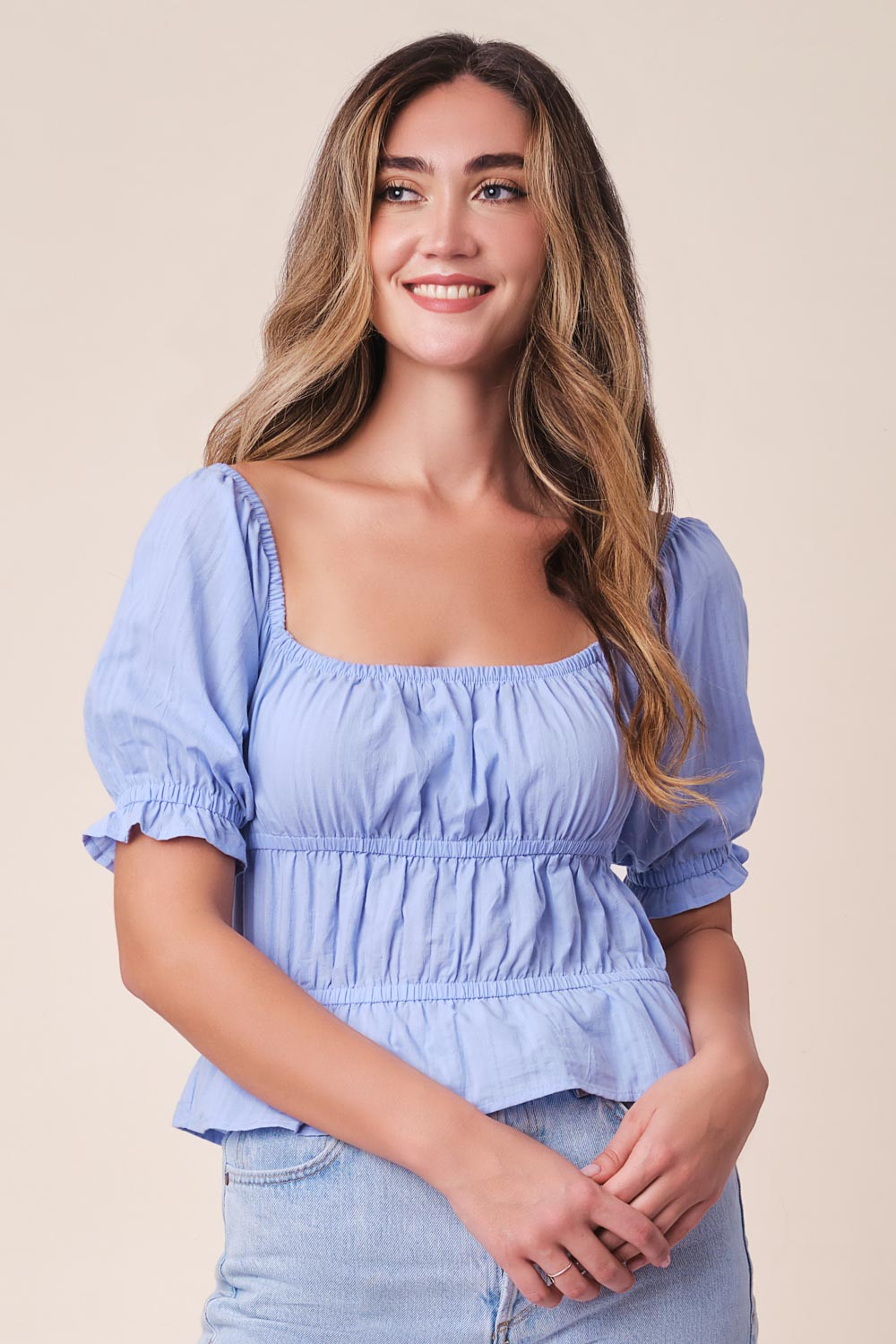 Odel Blue Puff Sleeved Smocked Waist Top | Odel.lk