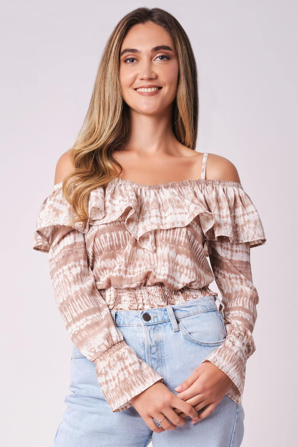 Odel Brown Frilled Long Sleeve Top | Odel.lk