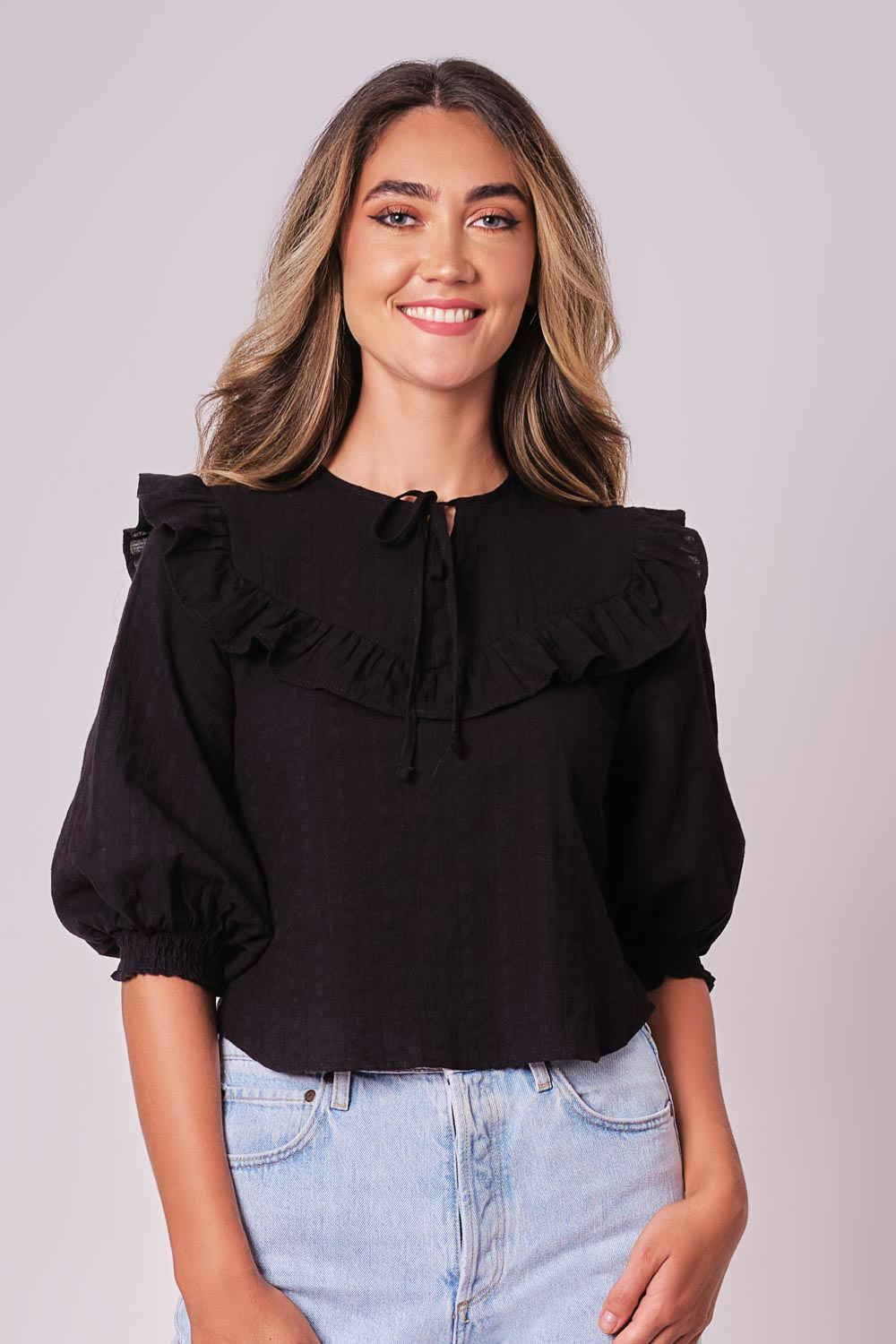 Odel Black Ruffle Tie Up Top | Odel.lk