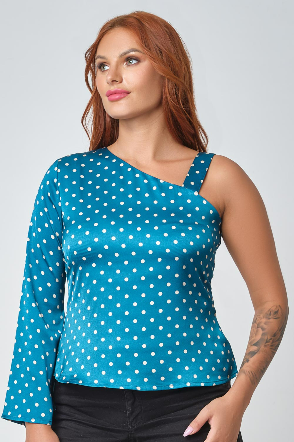 Odel Blue Polka Dot One Shoulder Strappy Top | Odel.lk