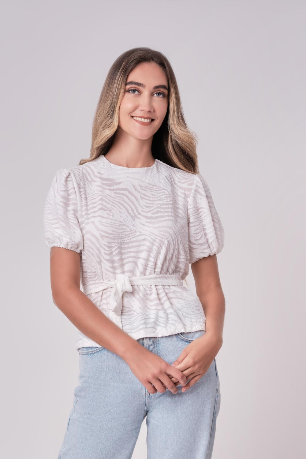Odel White Tie Up Waist Puff Sleeve Top | Odel.lk