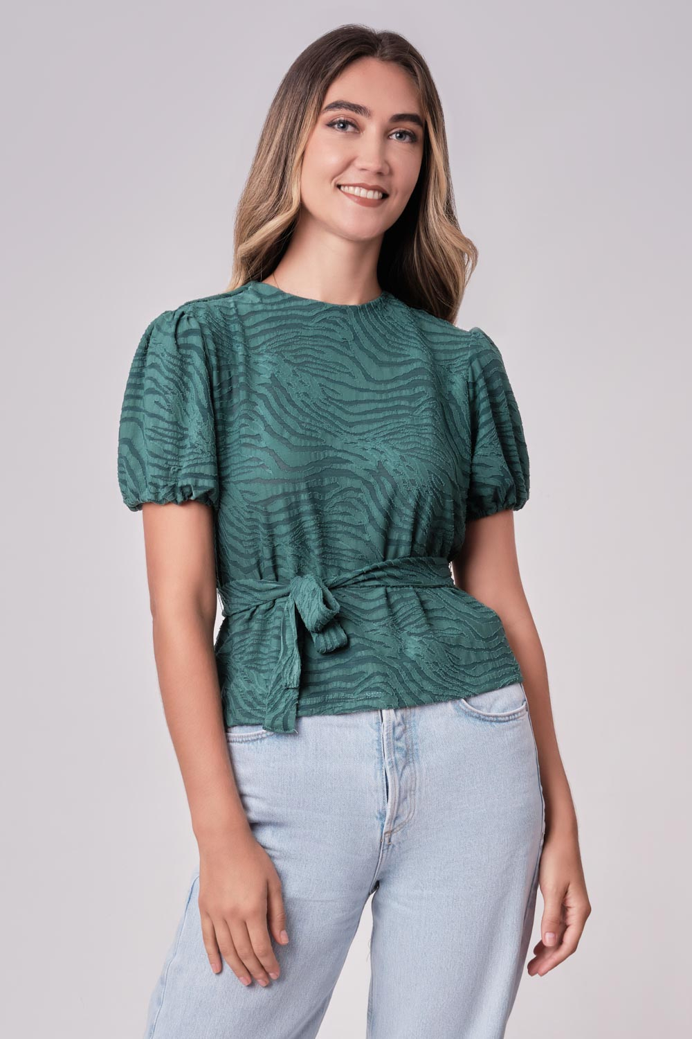 Odel Green Tie Up Waist Puff Sleeve Top | Odel.lk