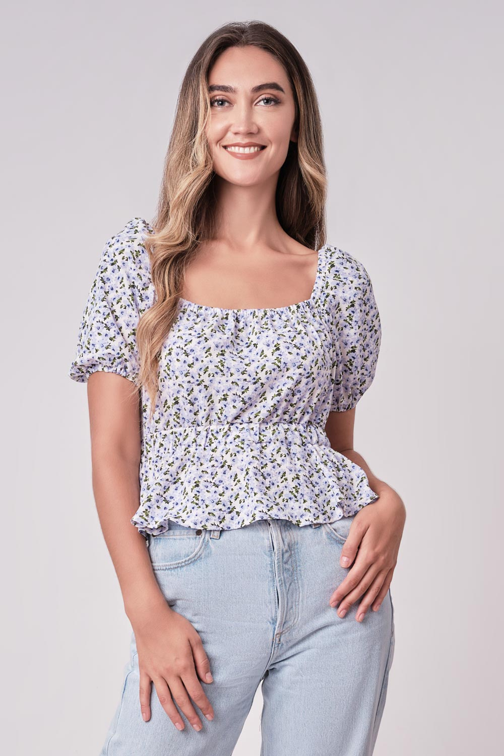 Odel Blue Floral Printed Peplum Top | Odel.lk