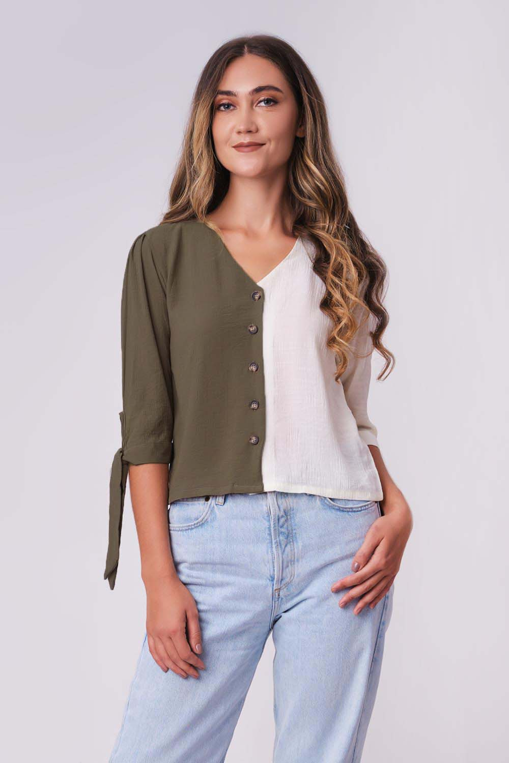 Odel Multi Two Tone V Neck Buttoned Top | Odel.lk