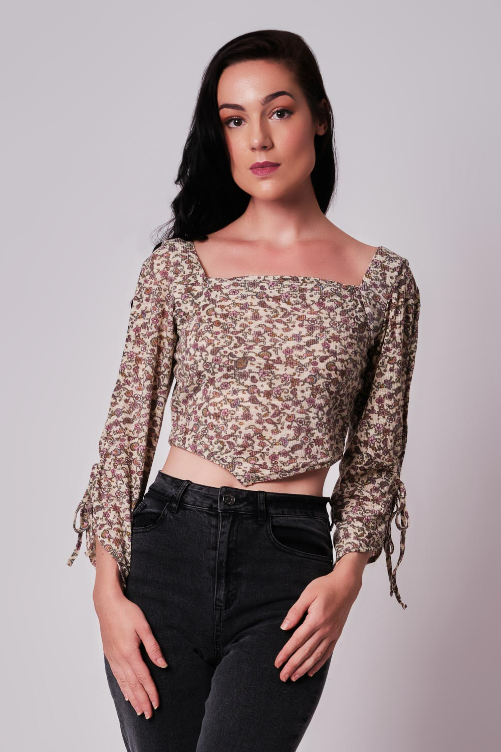 Odel Multi Floral Printed Square Neck Long Sleeve Hankerchief Top | Odel.lk