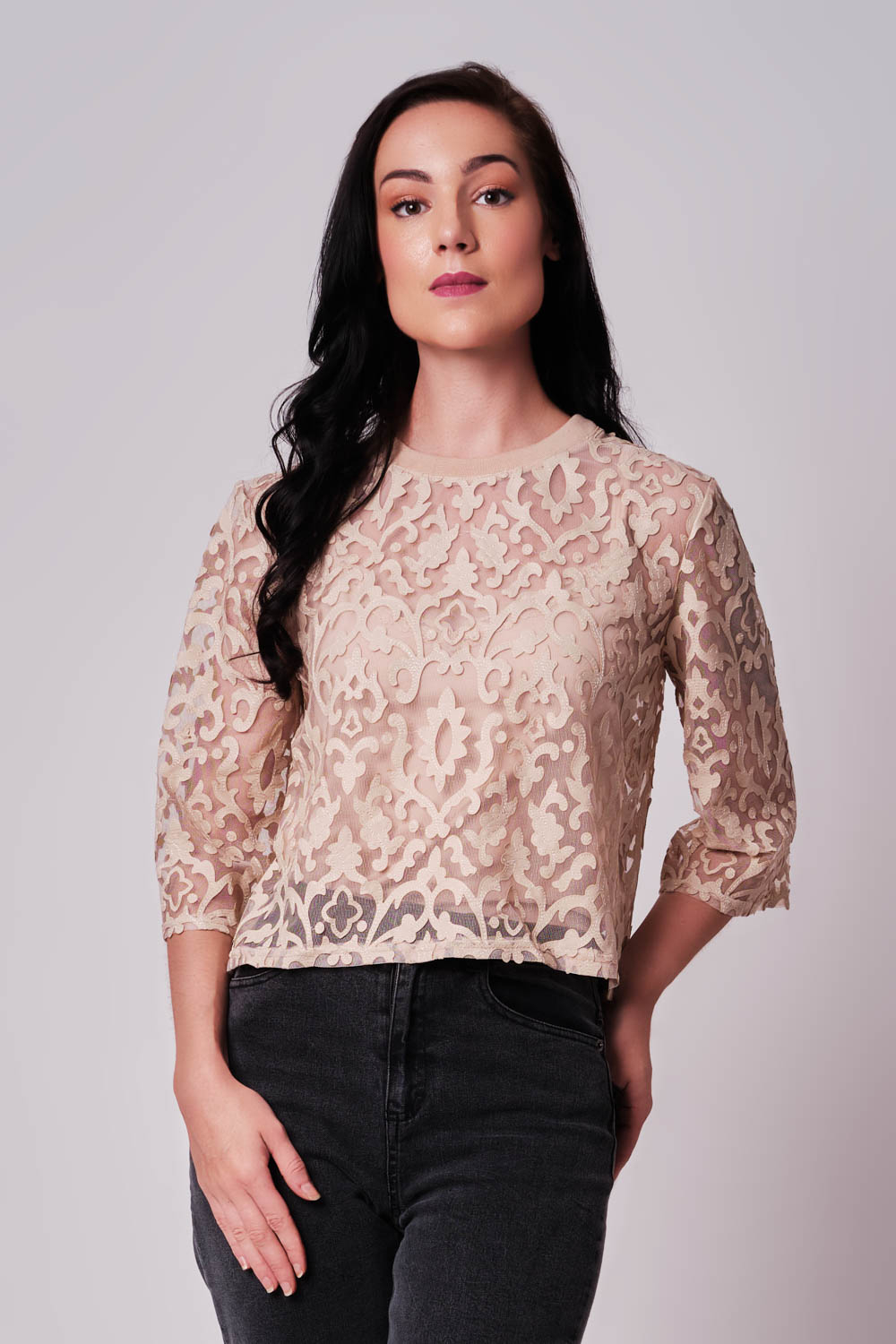 Odel Nude Lace See Through Loose Top | Odel.lk