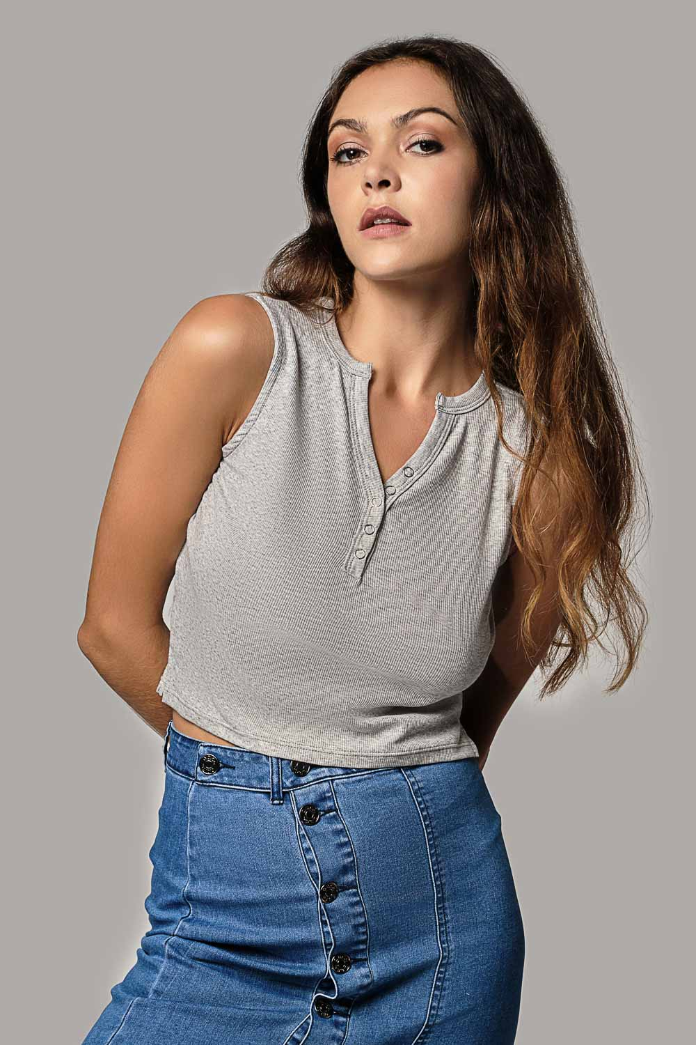 Odel Basics Grey Marl Sleeveless Henley Ribbed Top | Odel.lk