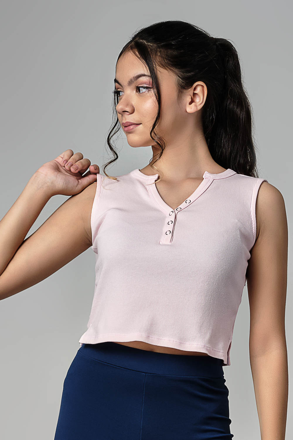 Biconic Basics Light Pink Rib Henley Sleeveless Tank Top | Odel.lk