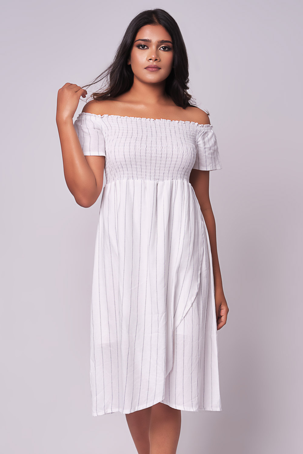 Odel White Striped Off Shoulder Smocked Dress | Odel.lk