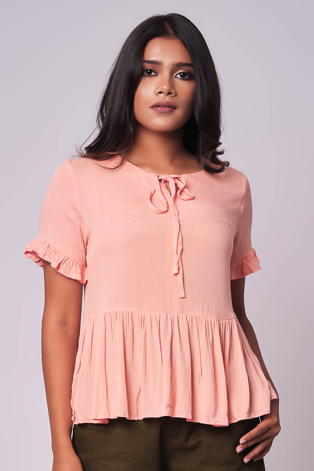 Odel Light Orange Neck Tie Up Short Sleeve Peplum Top | Odel.lk