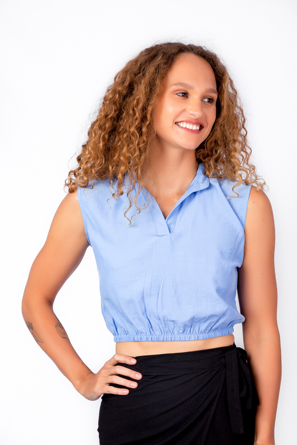Odel Blue Cap Sleeve Cropped Mandarin Collar Top | Odel.lk