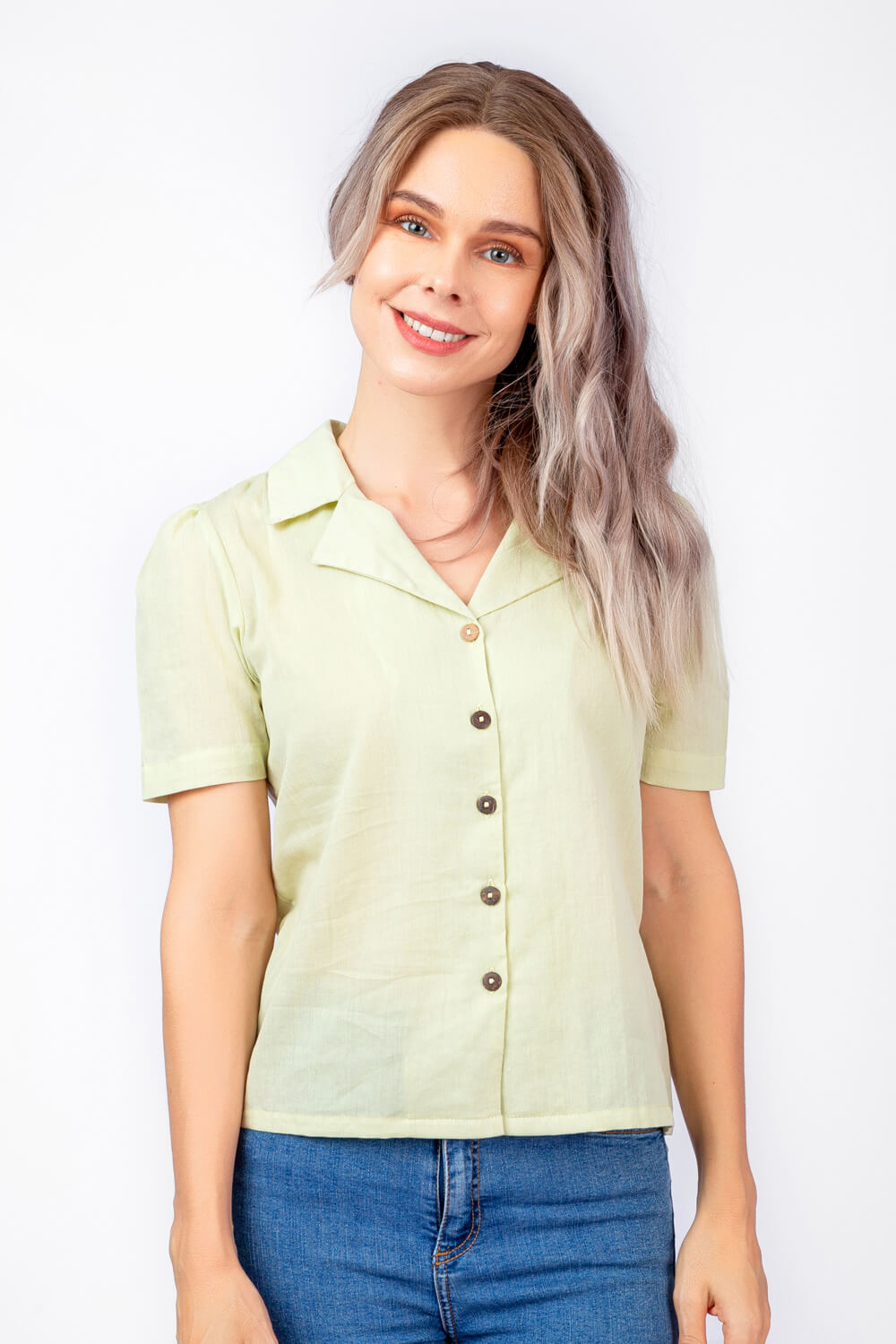 Odel Light Green Lapel Collar Short Sleeve Button Down Top | Odel.lk