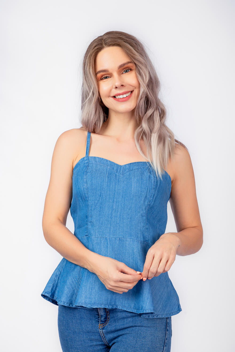 O.D.Co Blue Strappy Sweetheart Neck Peplum Top | Odel.lk