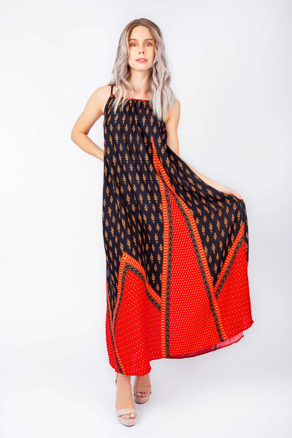 Odel Multi All Over Printed Strappy Flared Maxi Dress | Odel.lk