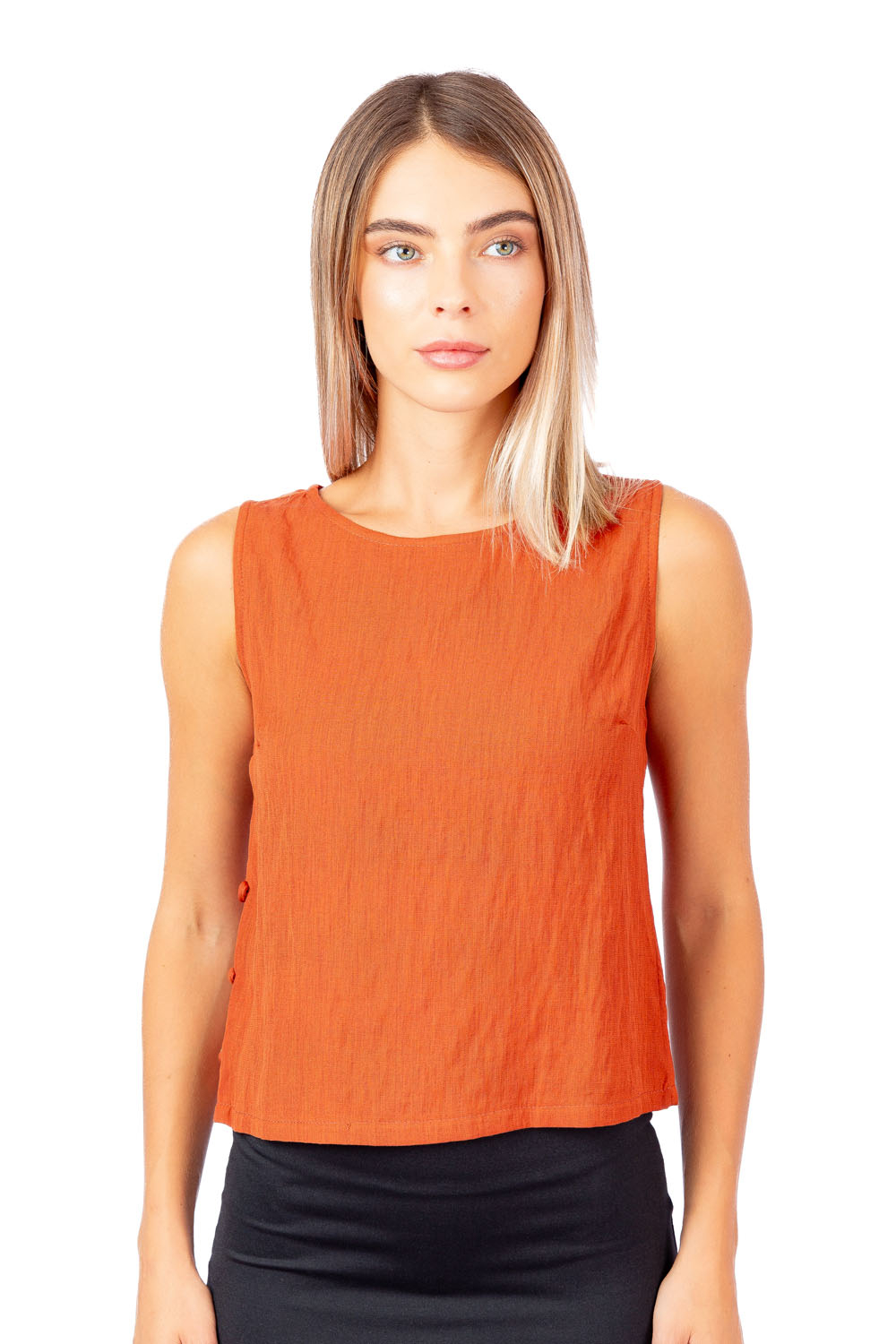 Odel Brick Red Side Button Detailed Sleeveless Top | Odel.lk