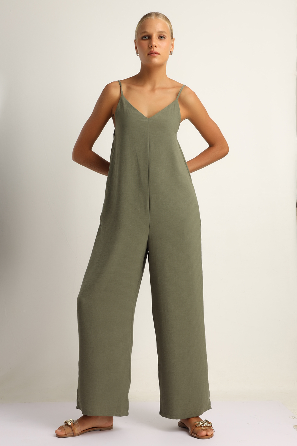 Odel Olive Olive Strappy V Neck Oversized Jumpsuit | Odel.lk