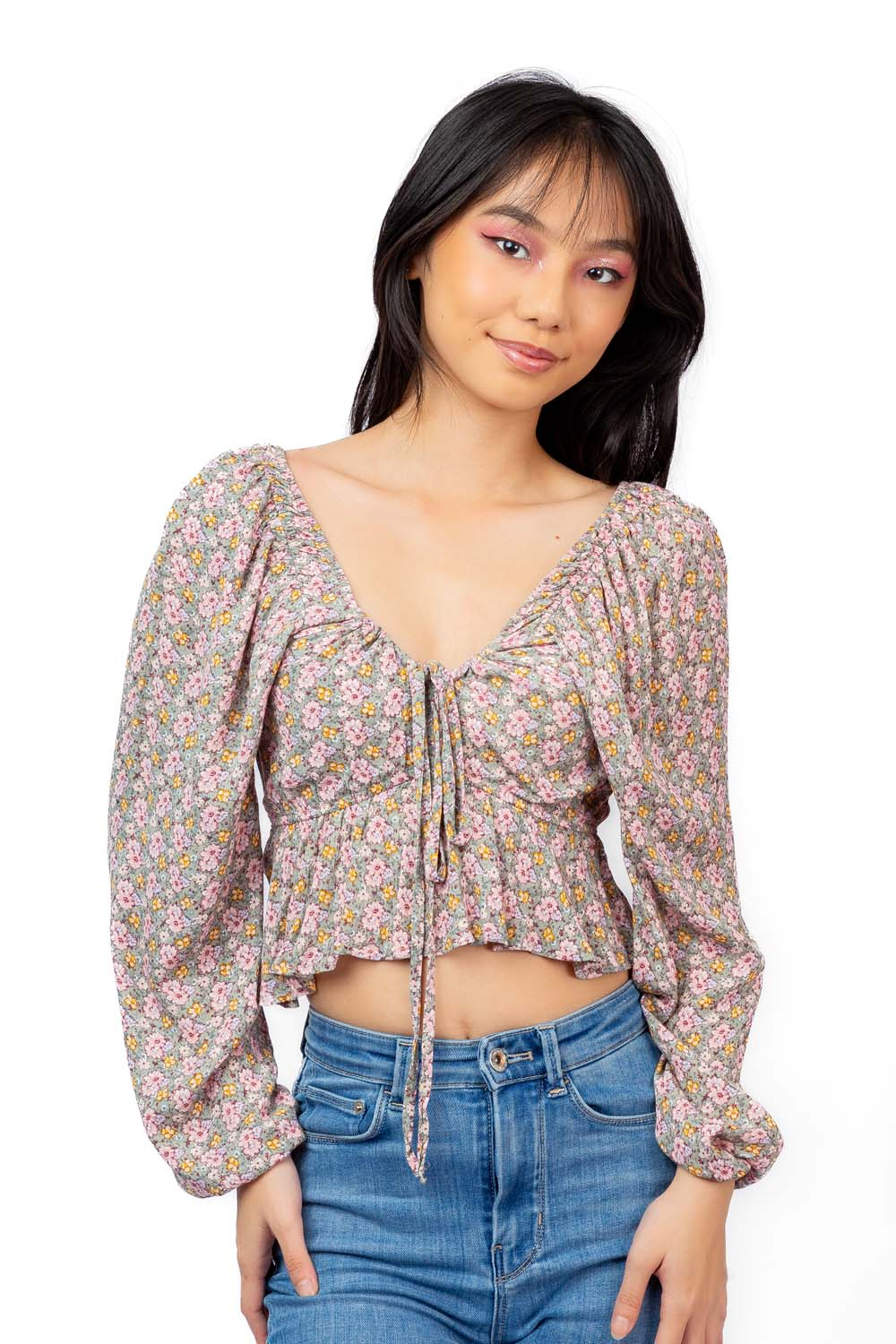Biconic Green Floral V Neck Long Sleeve Loose Fitted Top | Odel.lk