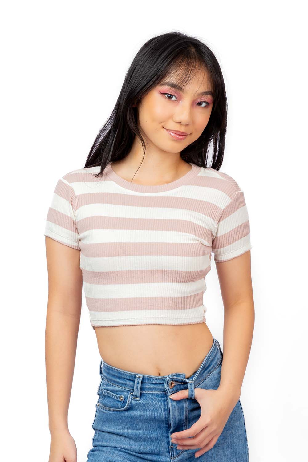 Biconic Pink & White Striped Back Cut Out Tie Up Rib Tshirt | Odel.lk