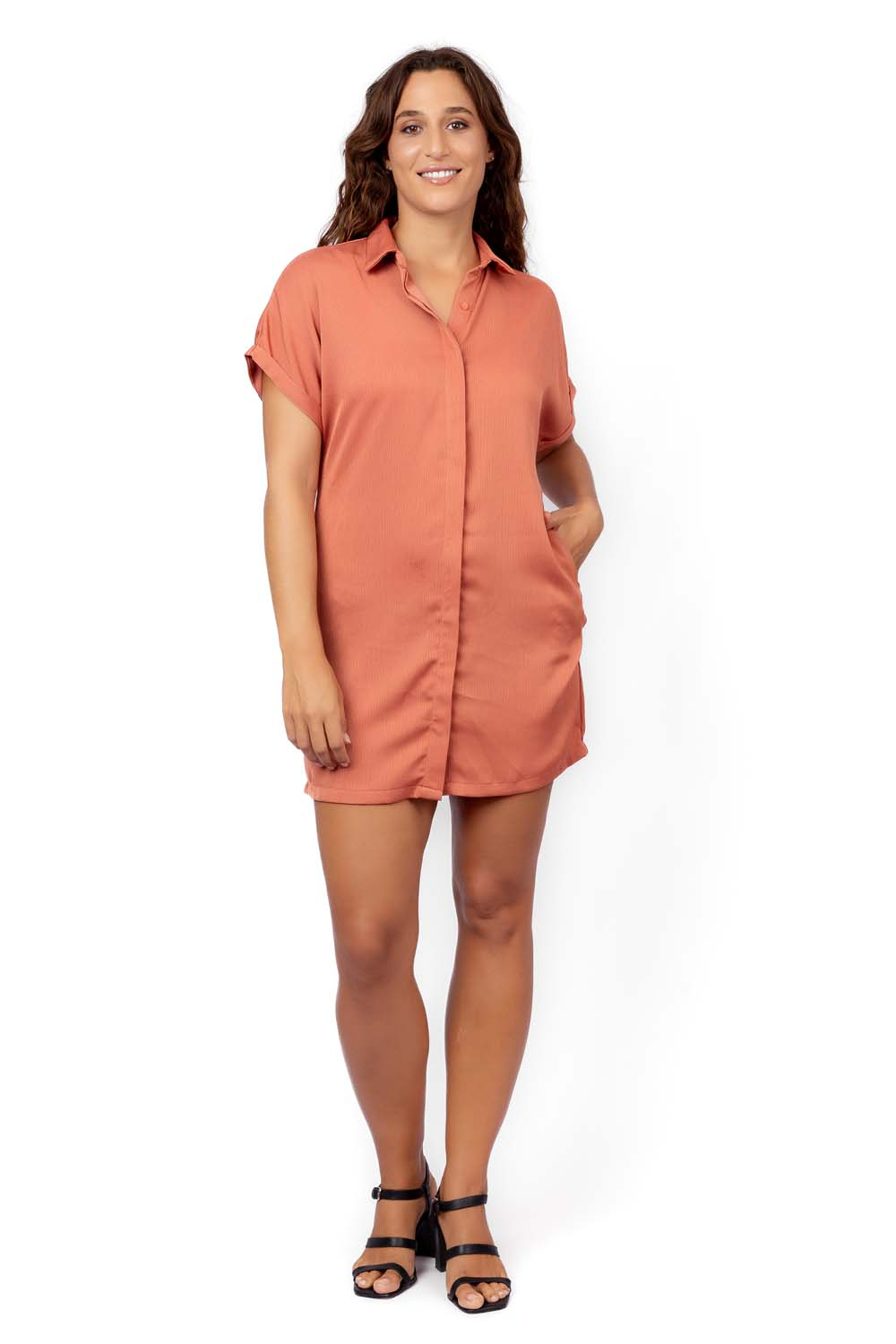 Odel Dull Peach Short Sleeve Mini Shirt Dress | Odel.lk