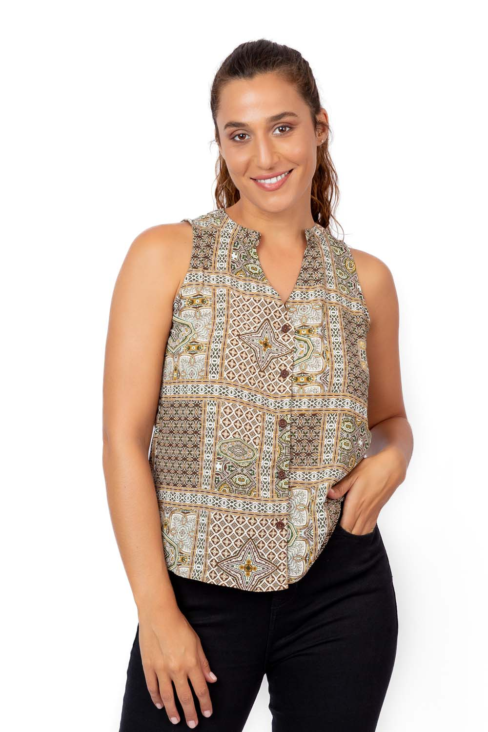 Closet Brown Printed Sleeveless V Neck Buttoned Top | Odel.lk