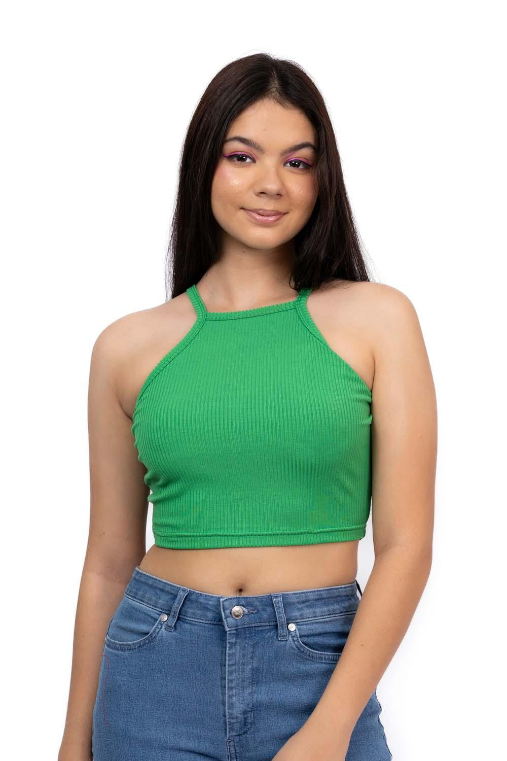 Biconic Green Square Neckline Cropped Rib Tank Top | Odel.lk