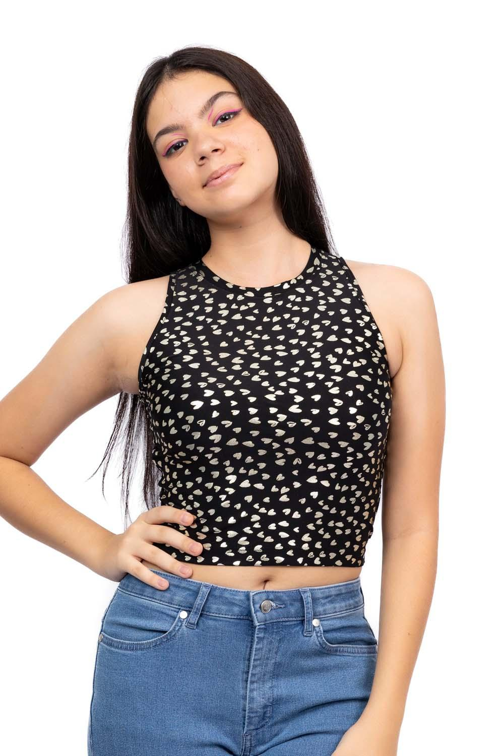 Biconic Black Glitter Heart Printed Fitted Tank Top | Odel.lk