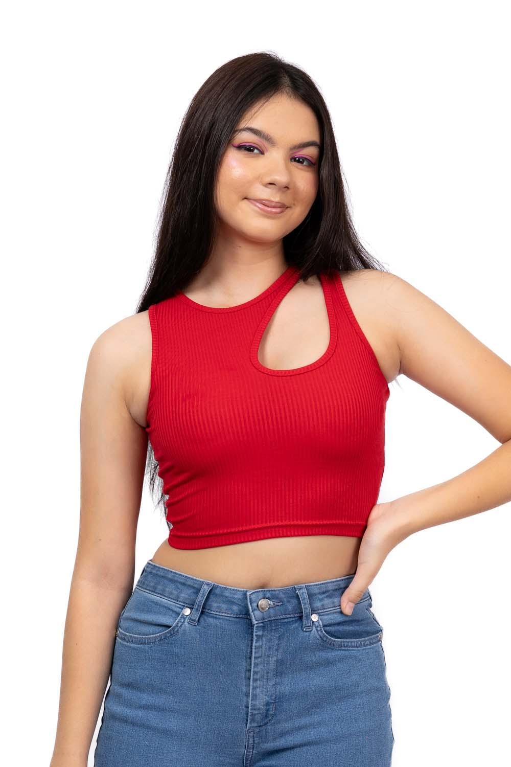Biconic Red Shoulder Cut Out Cropped Tank Top | Odel.lk