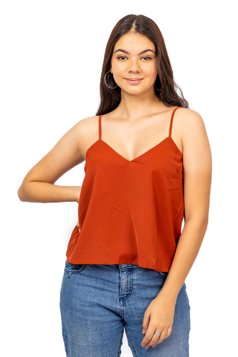 Closet Brick Red Strappy V Neck Basic Cami Top | Odel.lk