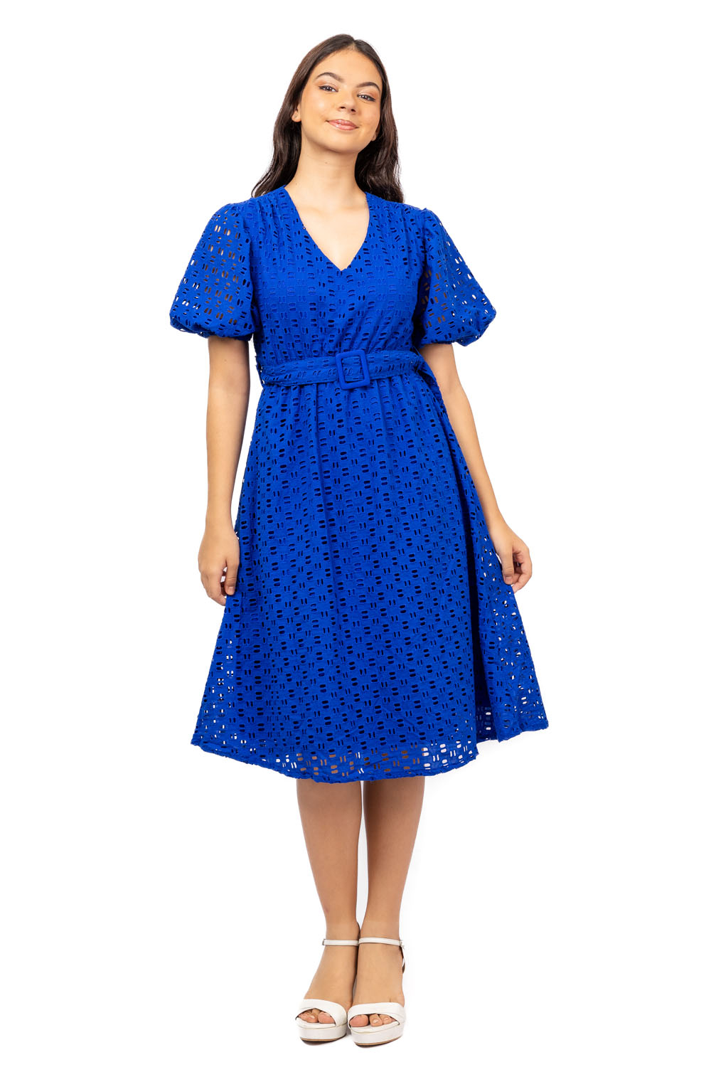 Odel Royal Blue Puff Sleeve Belted Midi Cutlon Dress | Odel.lk