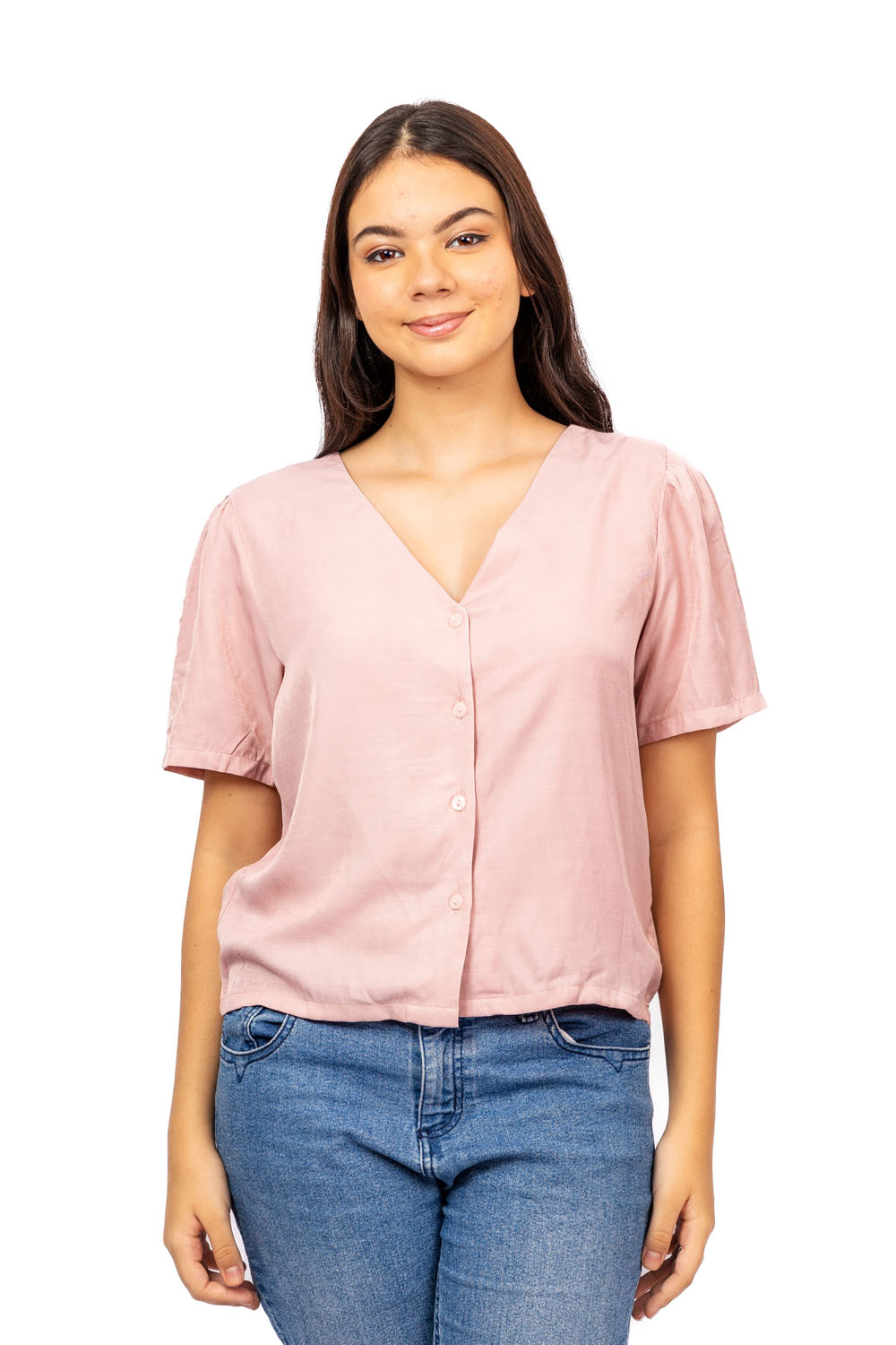 Odel Light Pink Deep V Neck Loose Fit Buttoned Top | Odel.lk