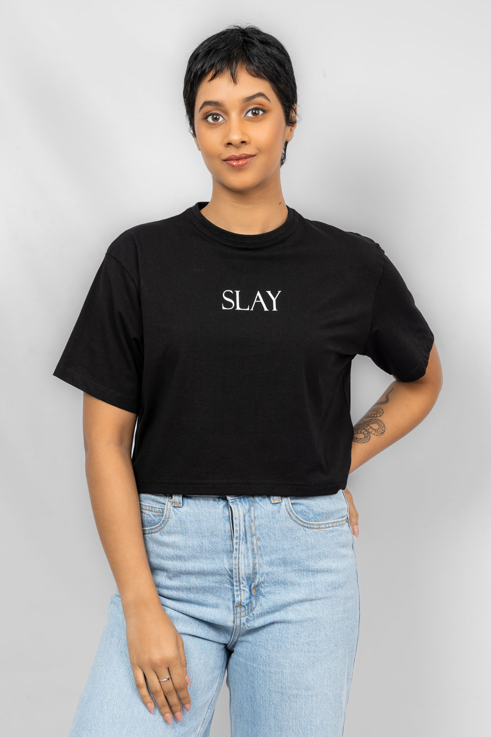 Odel Black Slay Slogan Printed Cropped Boxy Tshirt | Odel.lk