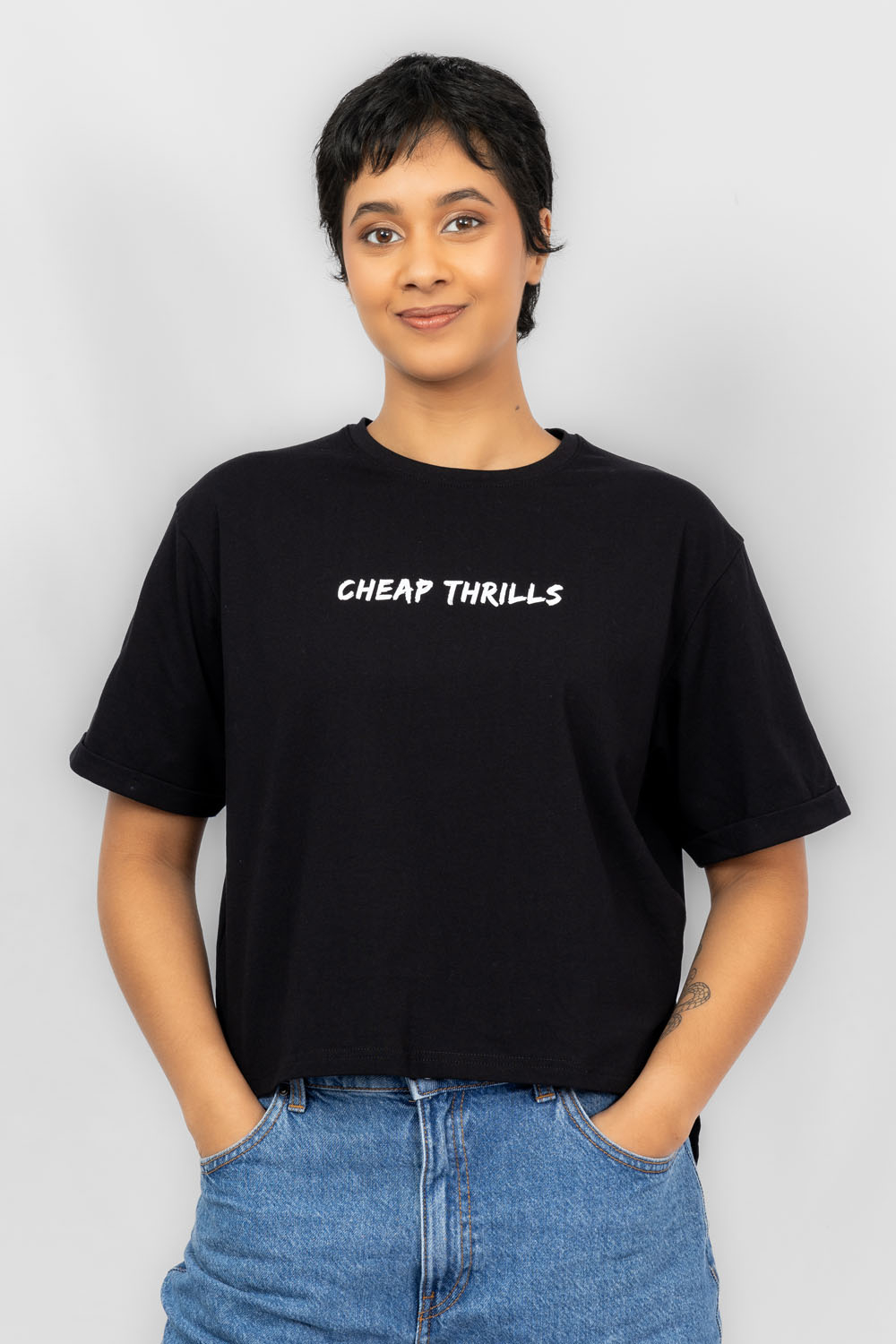 Odel Black Slogan Printed Turn Up Sleeve Drop Back Hem Tshirt | Odel.lk