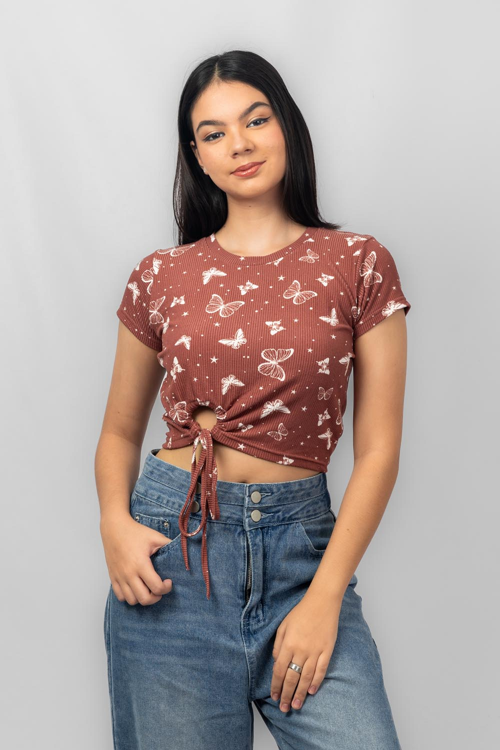 Biconic Brown Printed Short Sleeve Front Cut Out Tie Up Rib Cropped ...