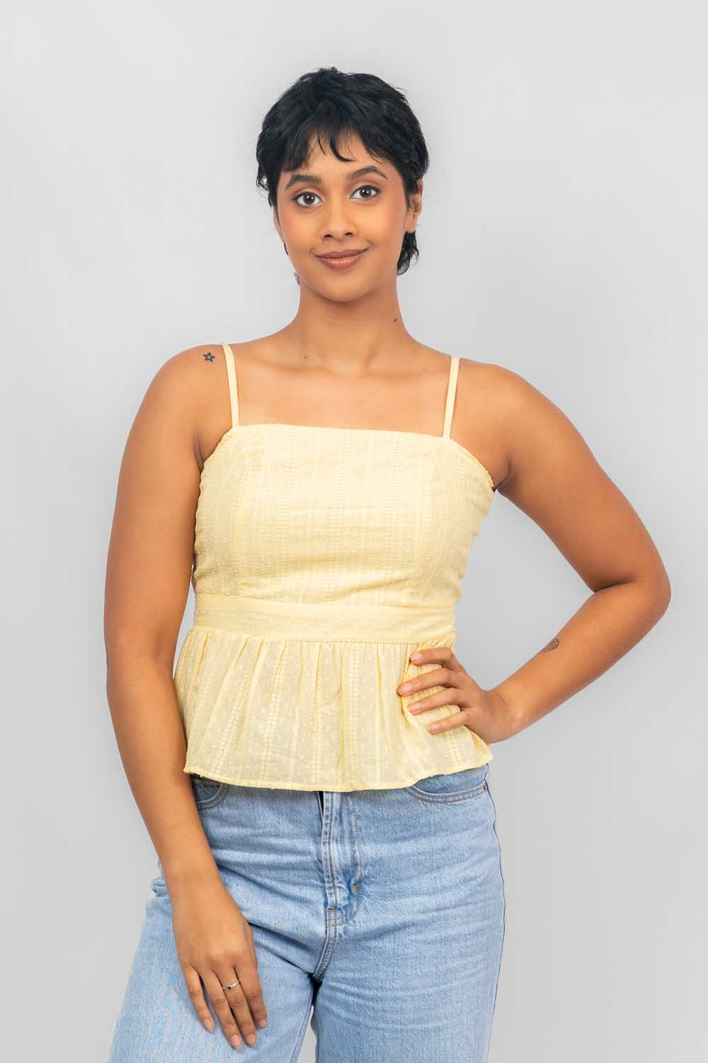 Odel Light Yellow Strappy Peplum Fitted Top | Odel.lk