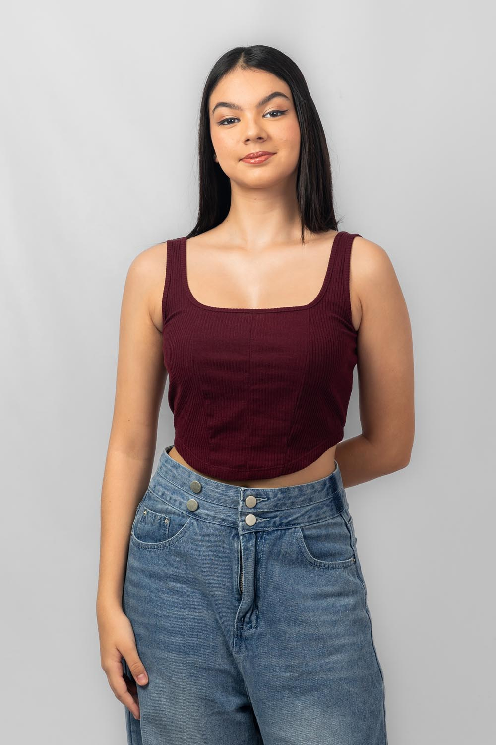 Biconic Maroon Strappy Square Neck Curved Hem Crop Top | Odel.lk