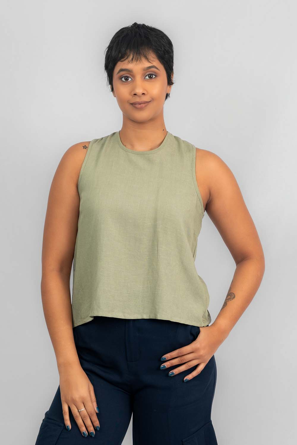 Odel Sage Green Sleeveless Cross-Over Back Top | Odel.lk