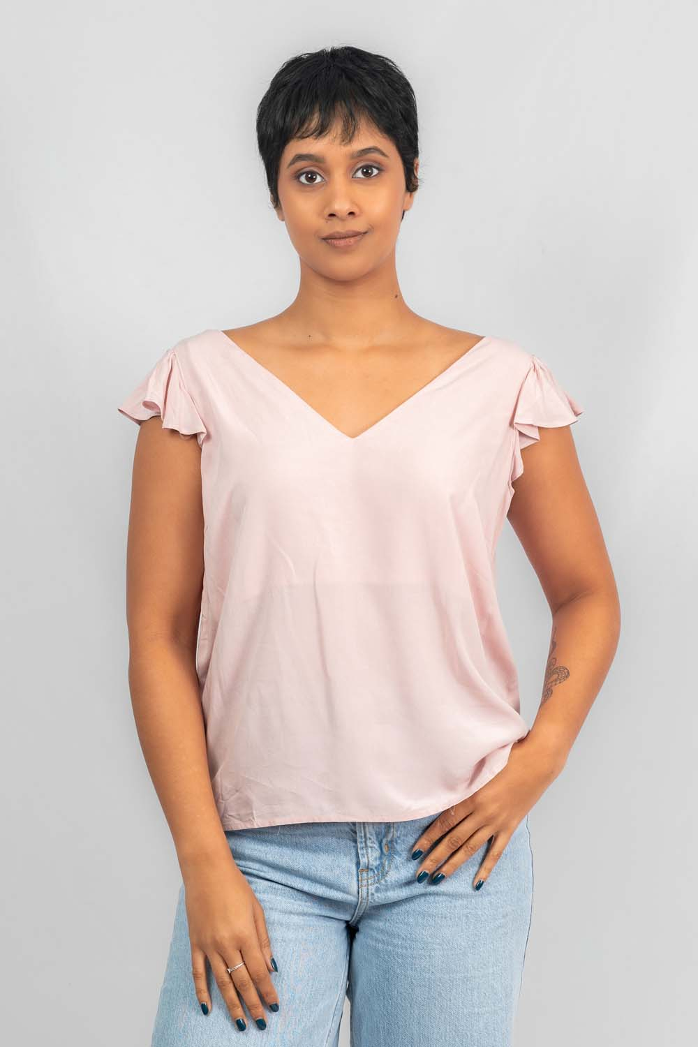 Odel Light Pink V Neck Frilled Sleeve Top | Odel.lk