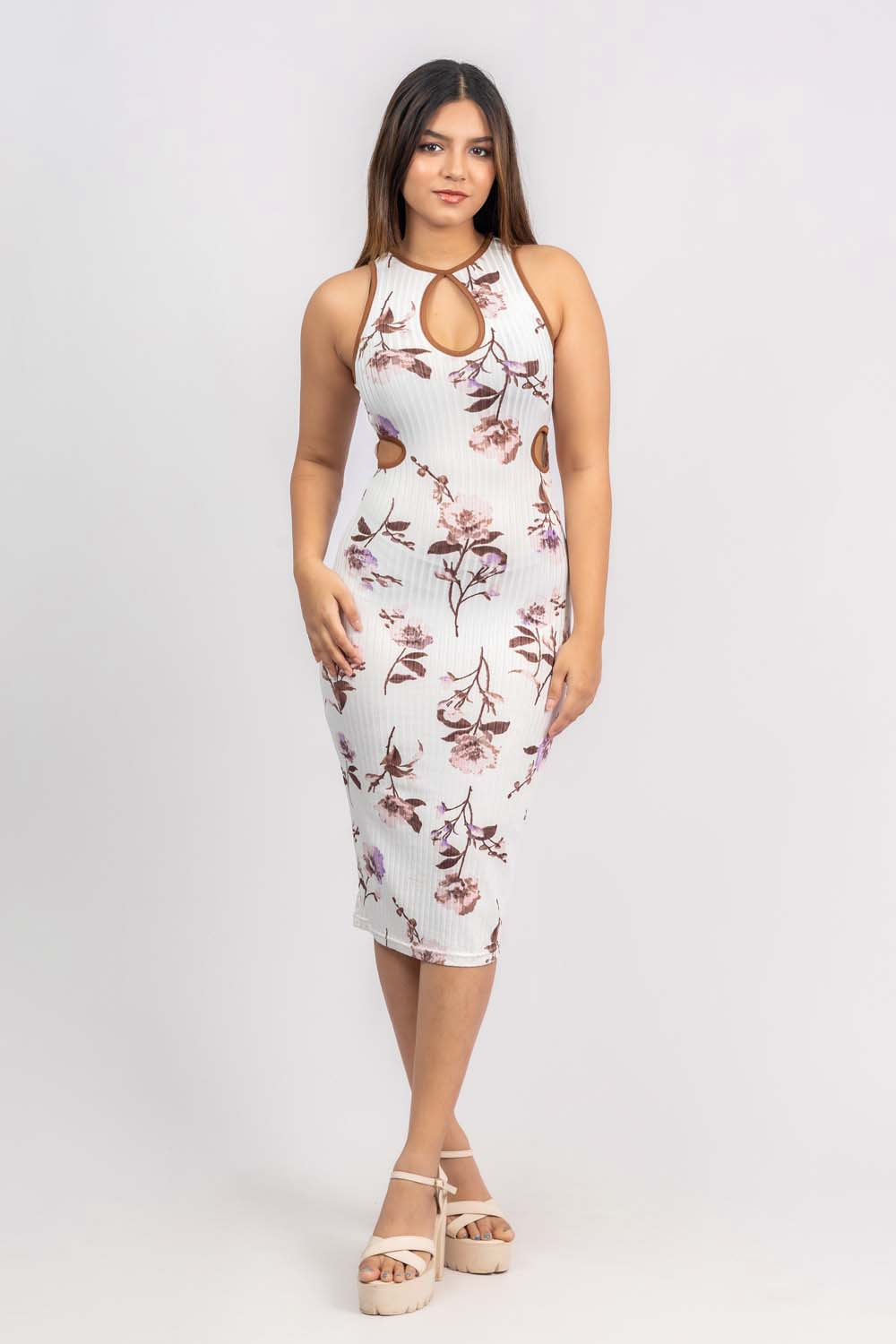 Biconic Multi Printed Sleeveless Cut Out Midi Rib Dress | Odel.lk