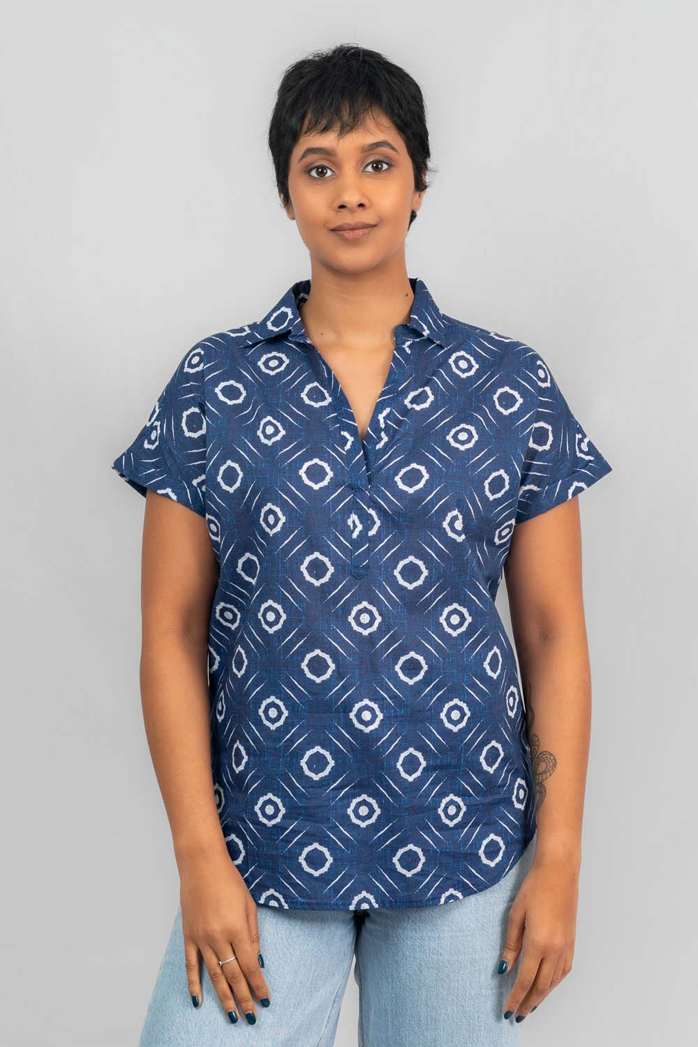 Odel Blue & White Printed Short Sleeve V Neck Top | Odel.lk