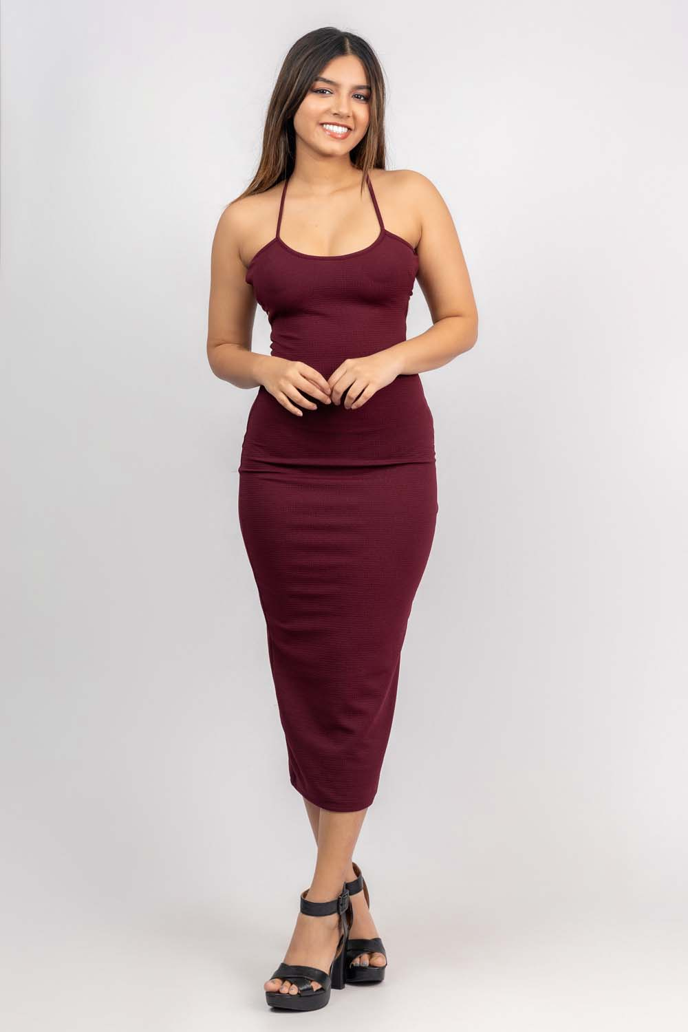 Odel Maroon Strappy Bodycon Back Open Midi Dress | Odel.lk