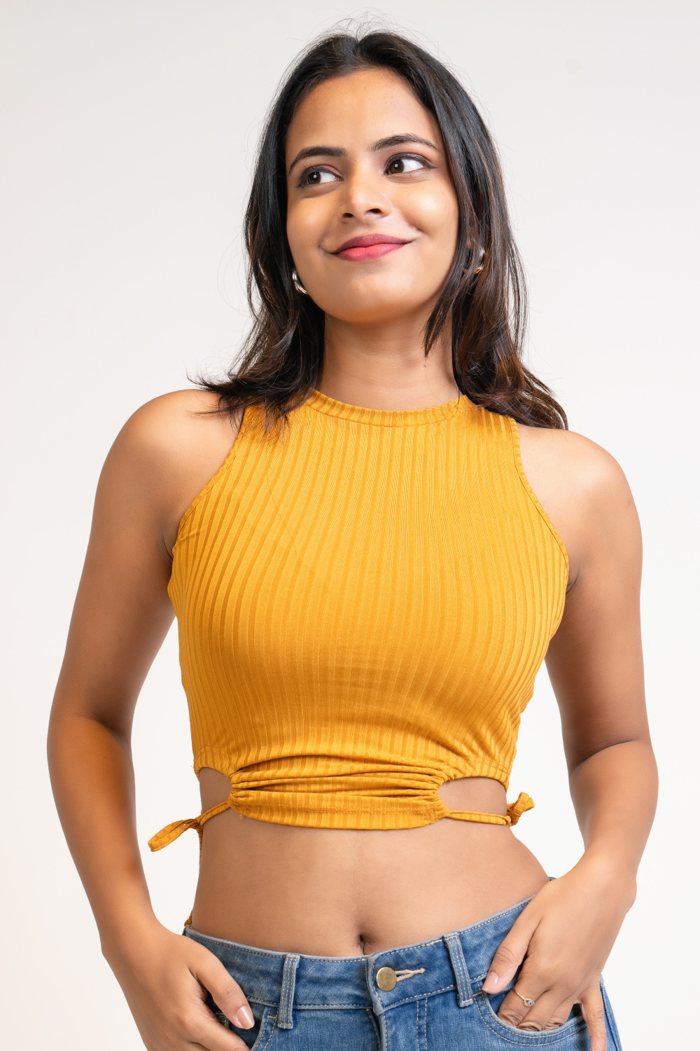 Biconic Mustard Sleeveless Side Knot Top | Odel.lk