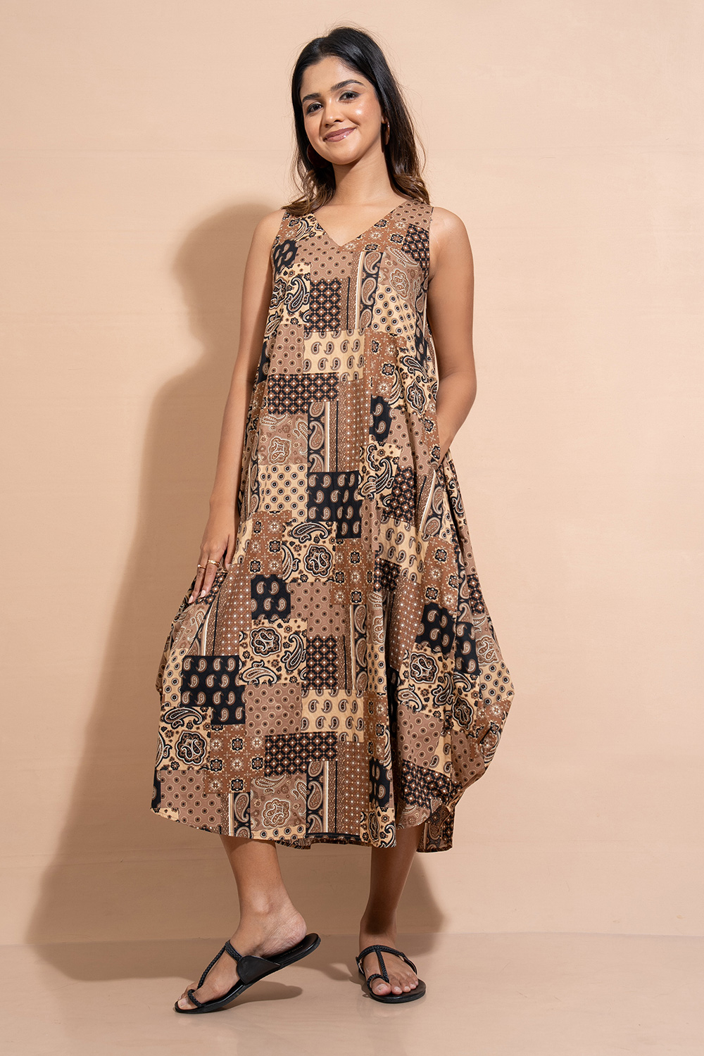 Cotton-Collection Brown Print Sleeveless Cowl Dara Midi Dress | Odel.lk