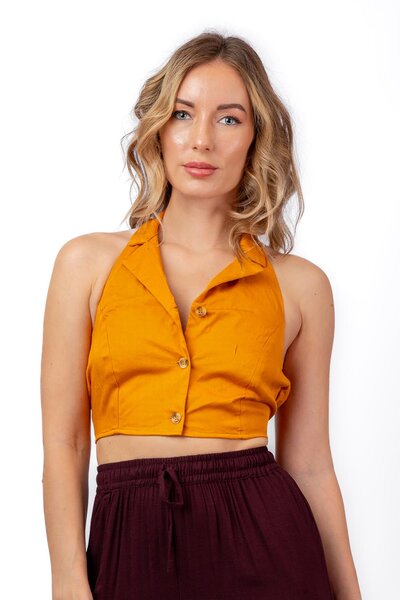 Odel Mustard Halter Neck Back Tie Up Top | Odel.lk